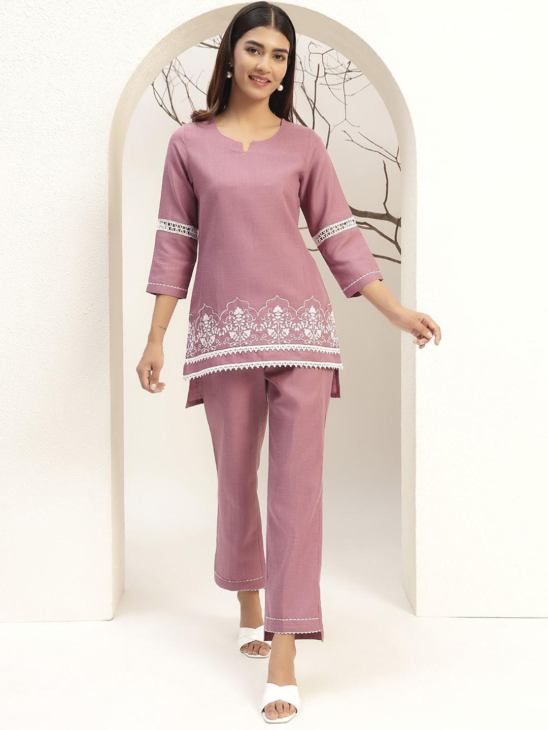 Buy Bani Women Purple Color With Embroidery Round Neck Casual Tunic ...
