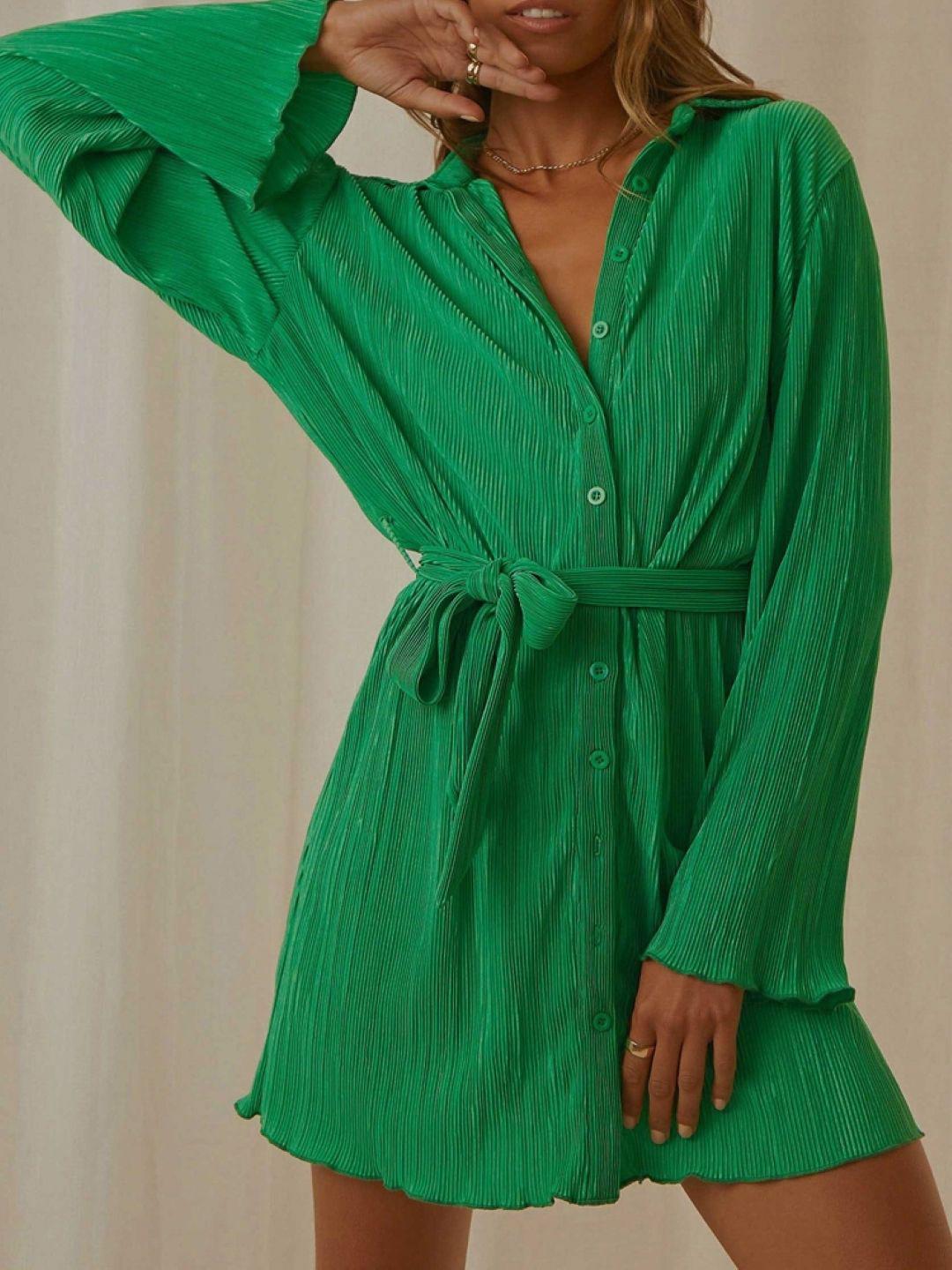 Buy KPOP Women Solid Green A Line Mini Dress - Dresses for Women ...