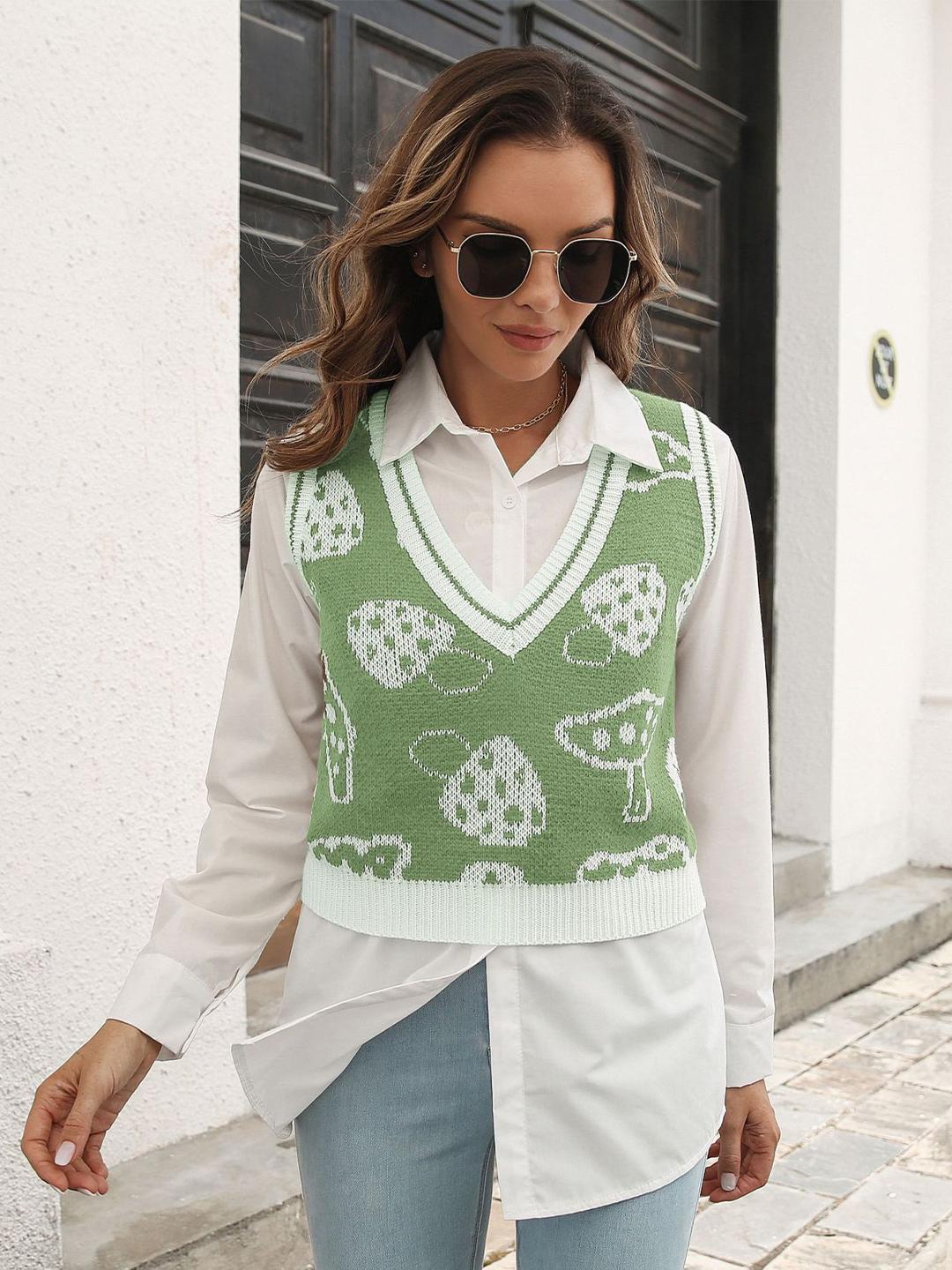Buy StyleCast Women Green & White Printed Sweater Vest - Sweaters for ...