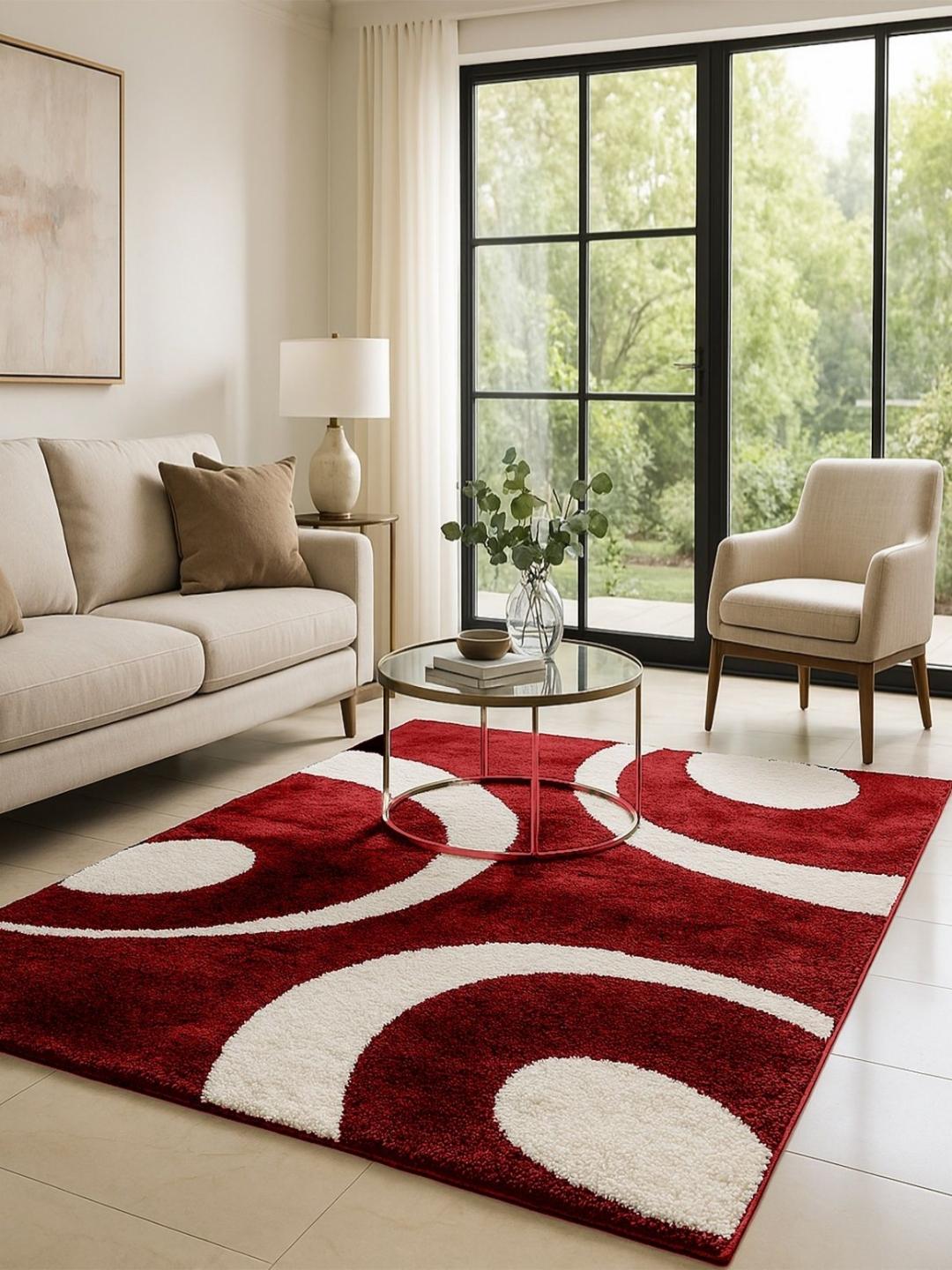 Buy Banchmark Home Furnishings Red Geometric Anti Skid Woollen Carpet ...