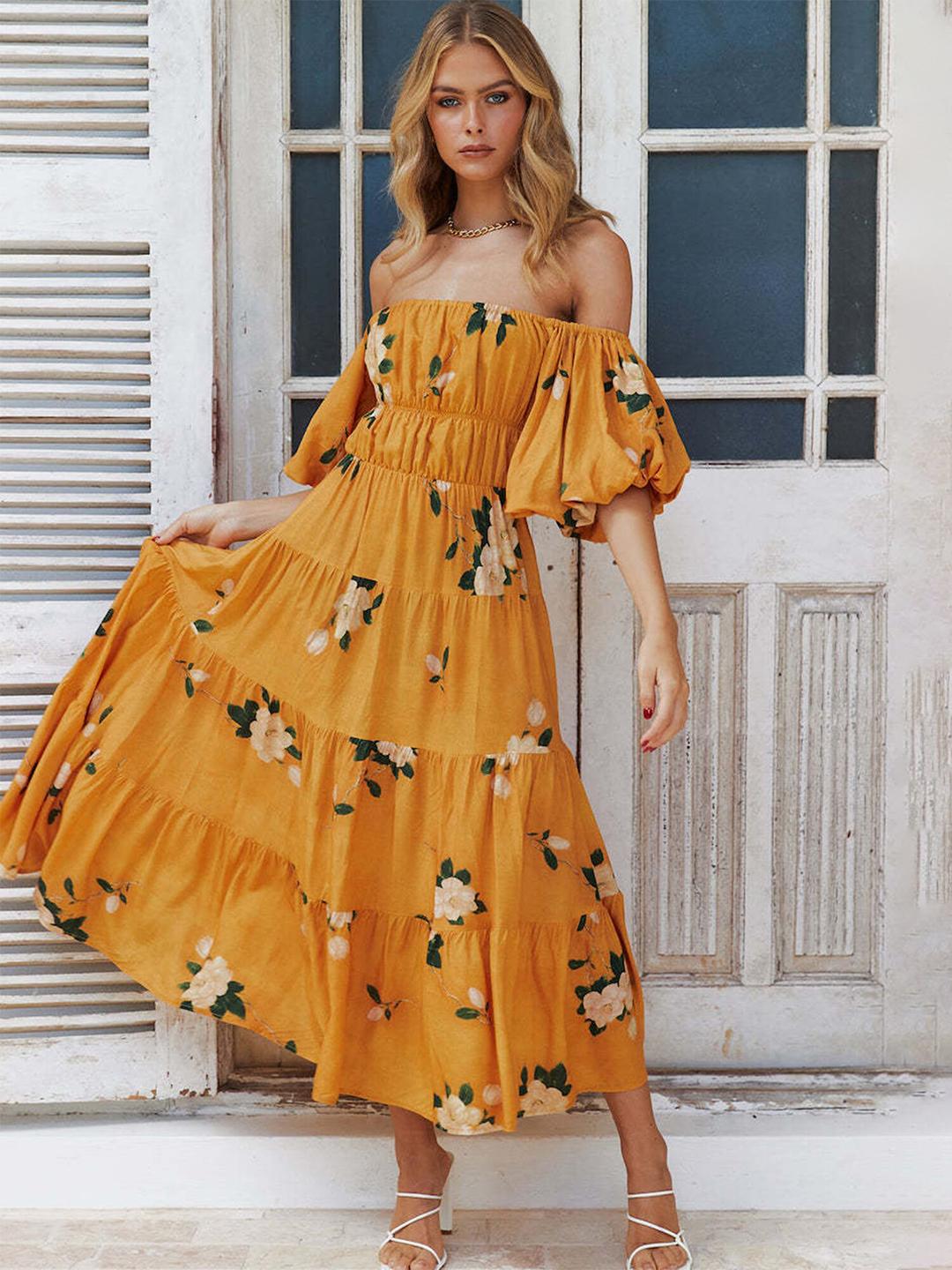 Buy LULU & SKY Floral Printed Off Shoulder Gathered Detail Pure Cotton ...