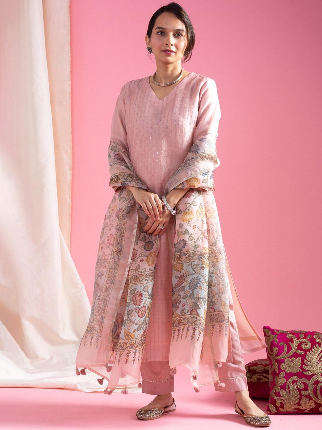 Buy Gilori Women Solid Embroidered Kurta With Trousers & Dupatta ...