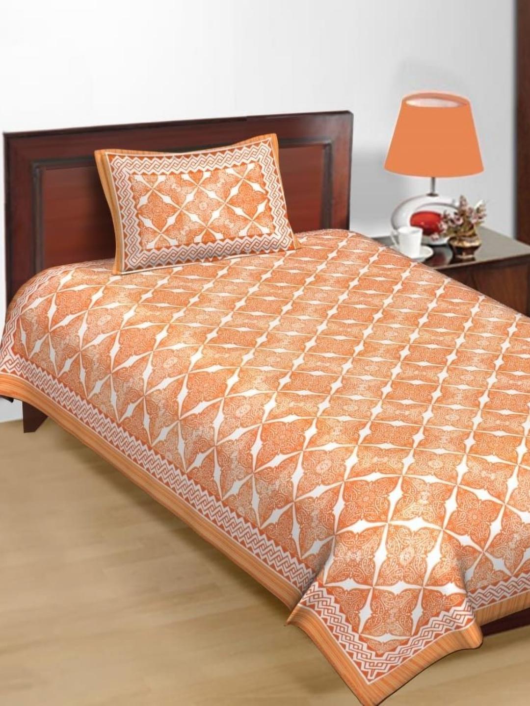 Buy Salgia Orange Ethnic Motifs Cotton 144 TC Single Bedsheet With A ...