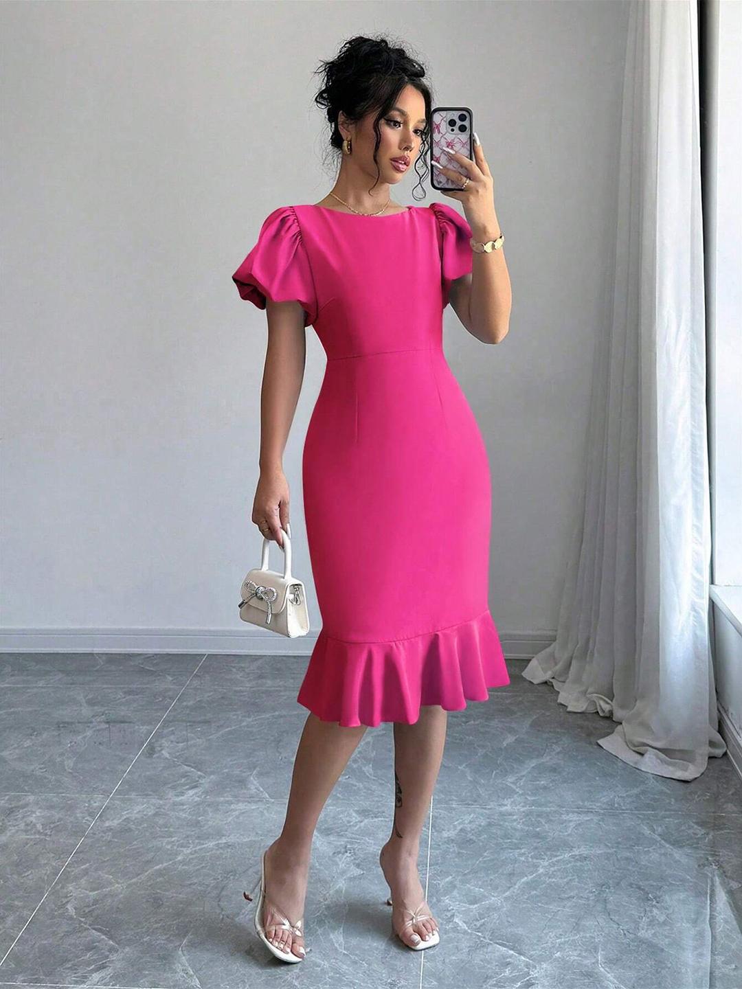 Buy StyleCast X Revolte Women Puff Sleeve Satin Bodycon Midi Dress ...