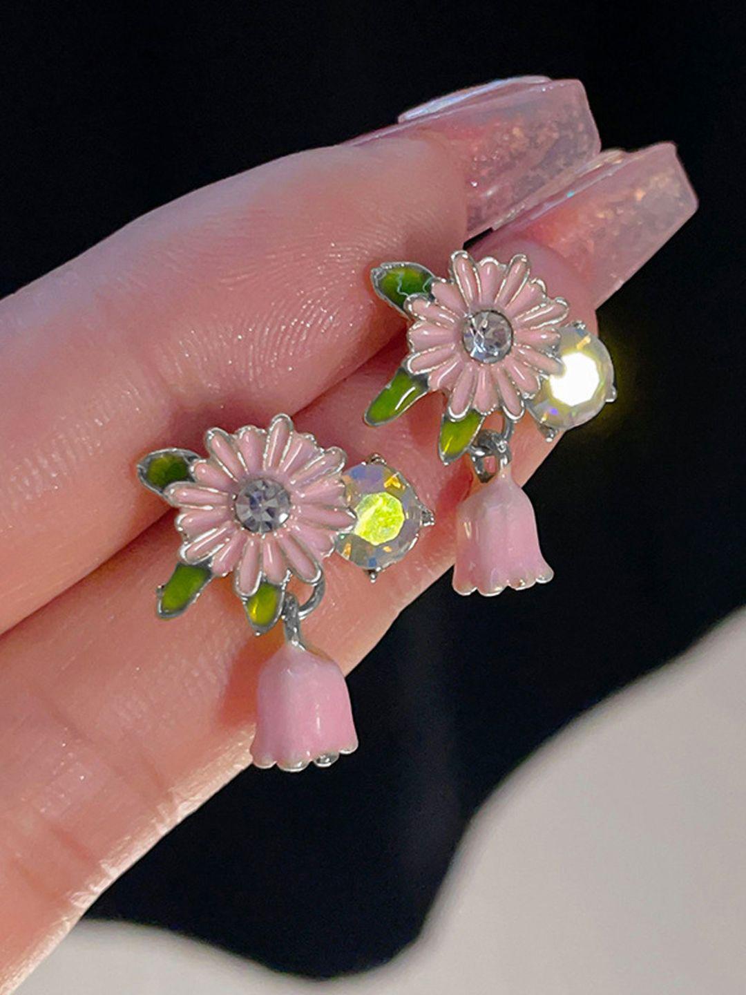 Buy Krelin Silver Plated Crystals Studded Floral Shaped Drop Earrings ...