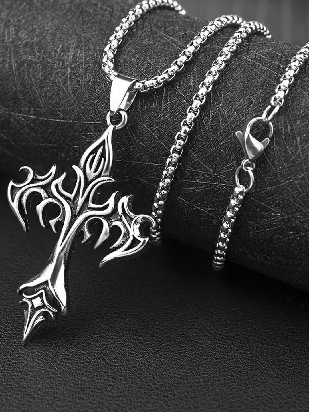 Buy Bling Queen Silver Plated Gothic Flame Cross Pendant Necklace ...