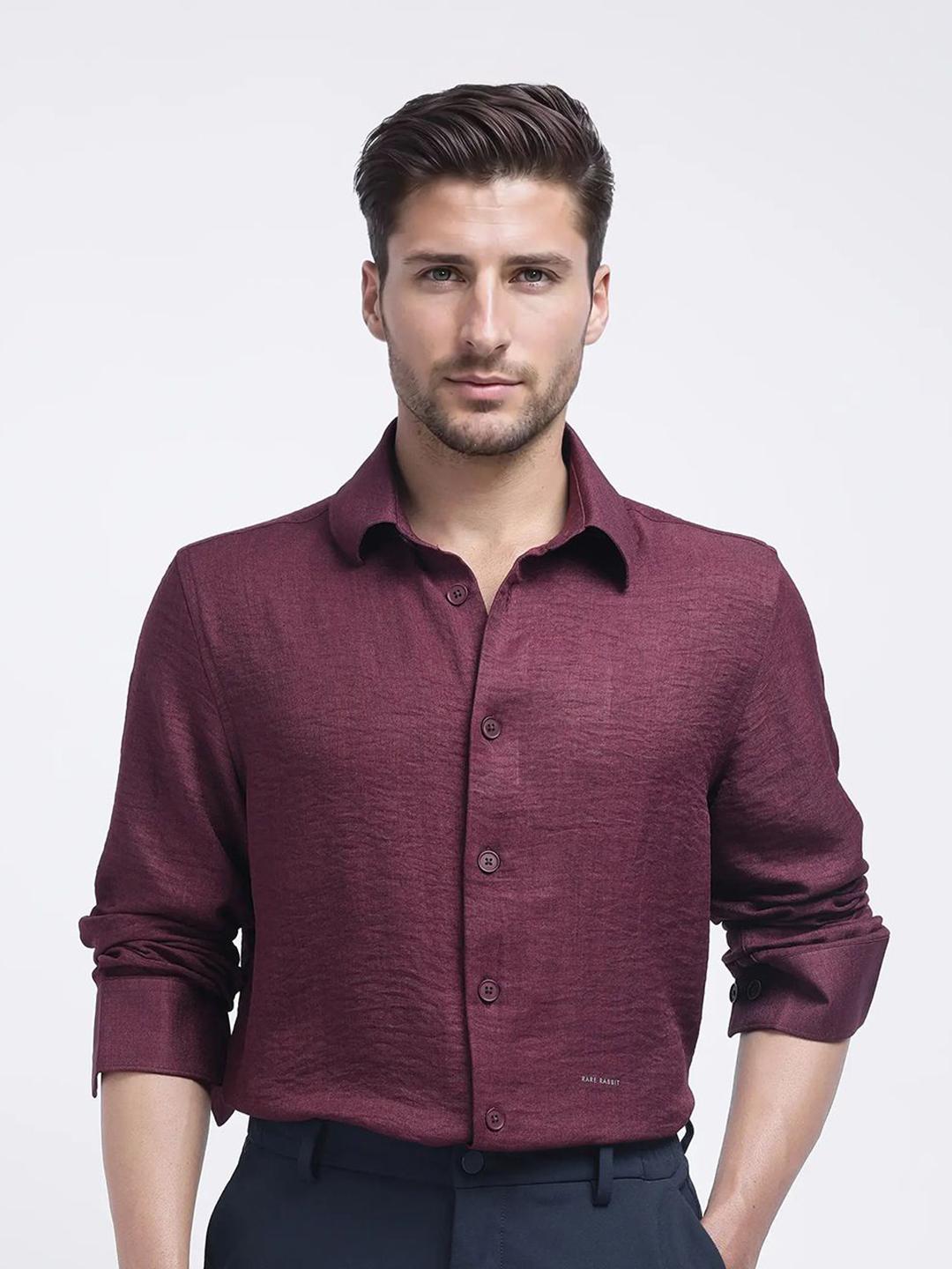 Buy RARE RABBIT Men Comfort Relaxed Fit Solid Spread Collar Cotton ...