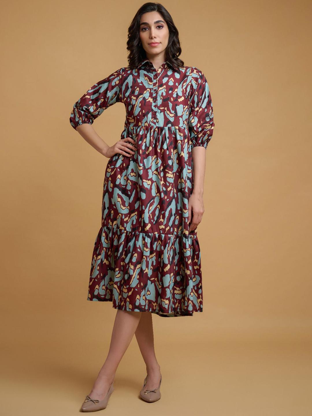 Buy Roadster Women Abstract Printed Layered Puff Sleeves Fit And Flare ...