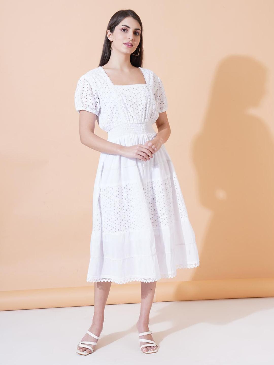 Buy SAAKAA Women Self Design Cotton Fit And Flare Midi Dress - Dresses ...