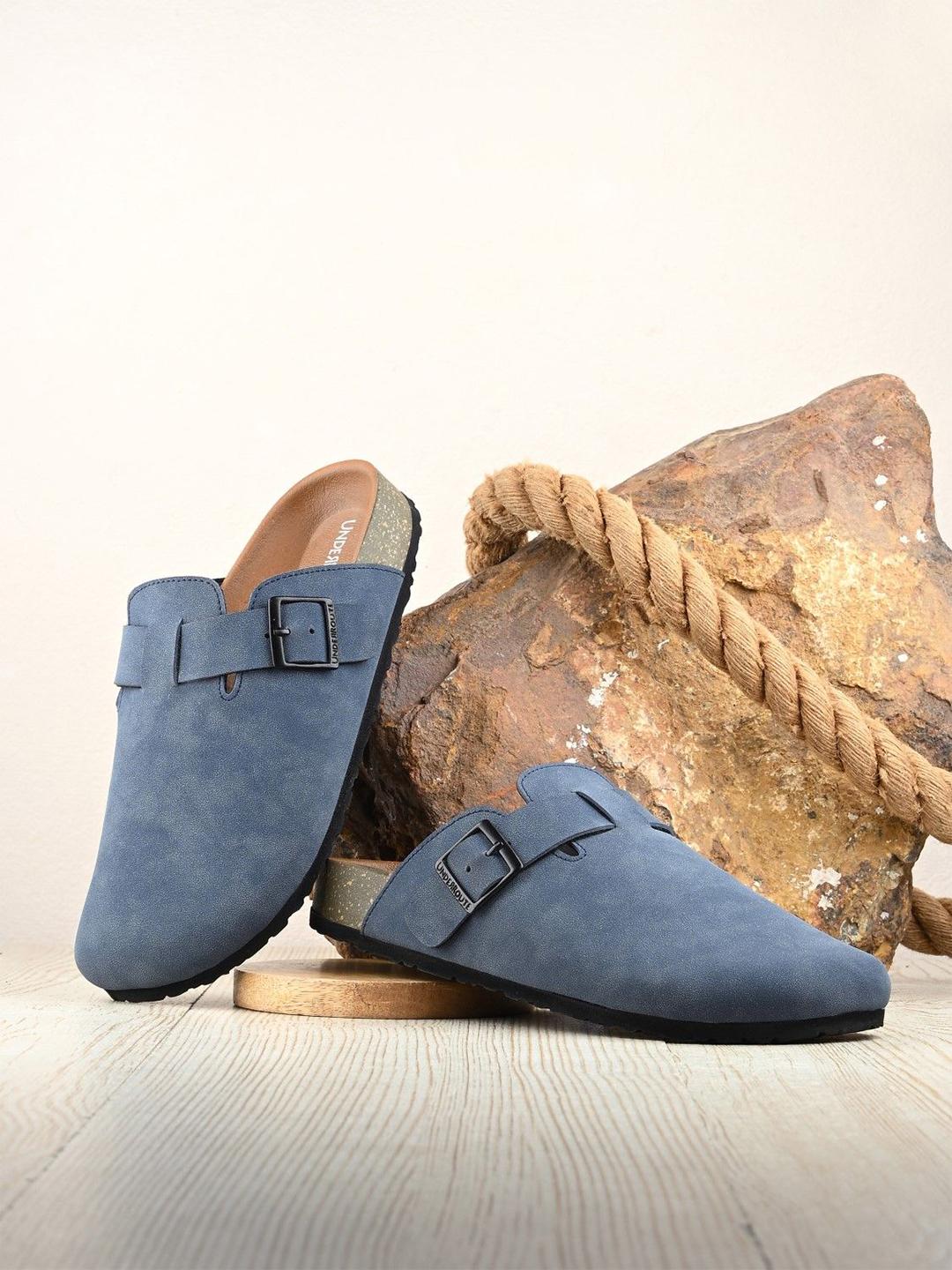 Buy UNDERROUTE Men Navy Blue Leather Round Toe Mules With Buckles ...
