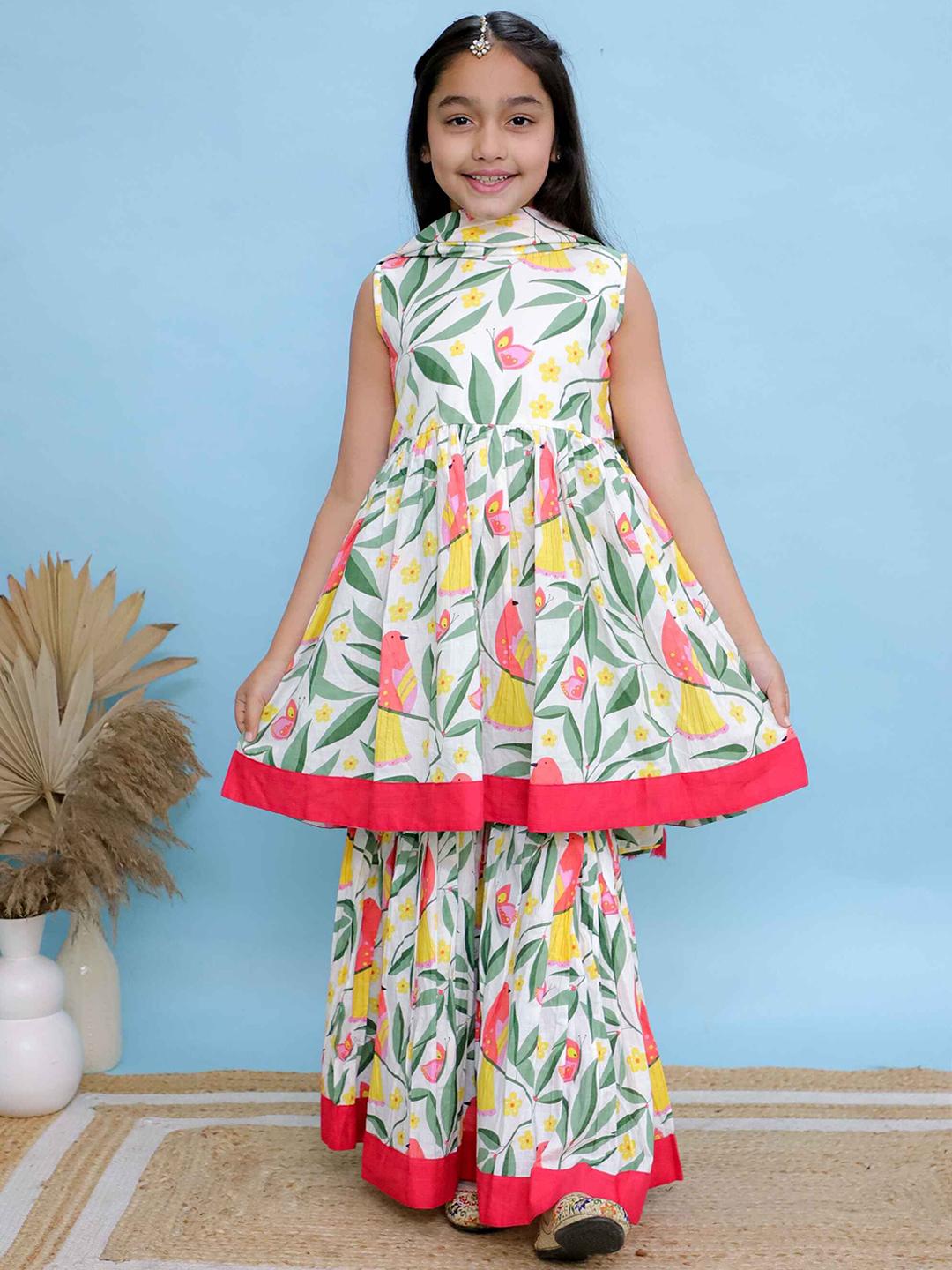 Buy Kalp Pihu Girls Floral Printed Sleeveless Pure Cotton Kurta With ...