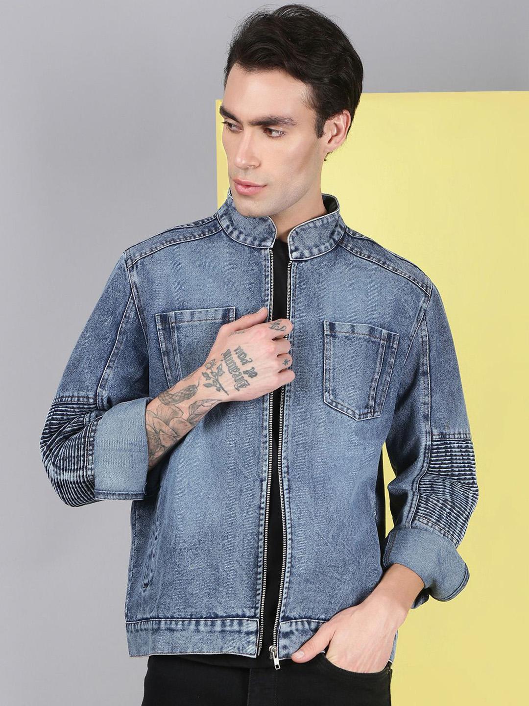 Buy VOXATI Washed Printed Mandarin Collar Denim Jacket - Jackets for ...