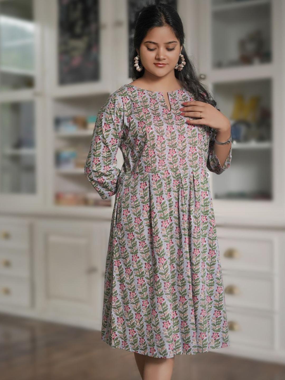 Buy Nilam India Hand Screen Print Grey Skater Dress - Dresses for Women ...
