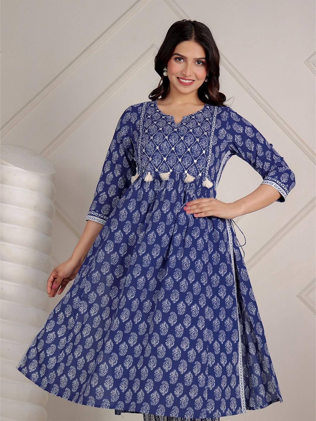 Buy Aramya Ethnic Motifs Printed Notch Neck Cotton A Line Kurta ...
