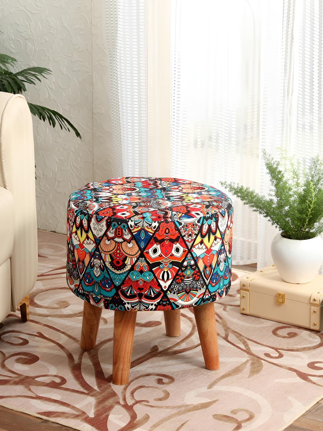 Buy NACIA Black & Brown Printed Round Shape Wooden Ottomans - Ottomans ...