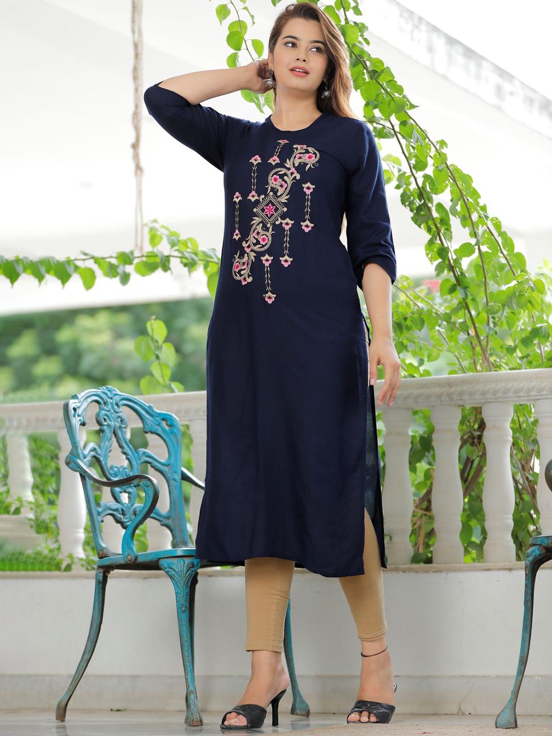 Buy Mehsoos Floral Embroidered Round Neck Cotton Thread Work Straight ...