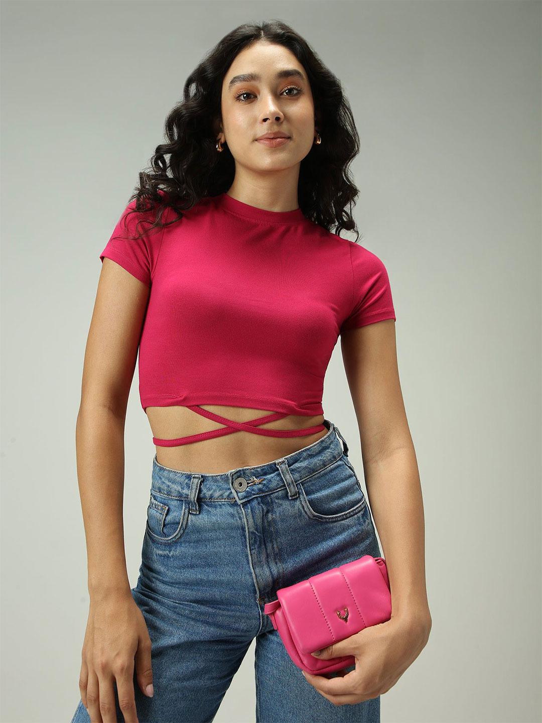 Buy Outzidr Pink Criss Cross Bottom Tie Up Top - Tops for Women ...