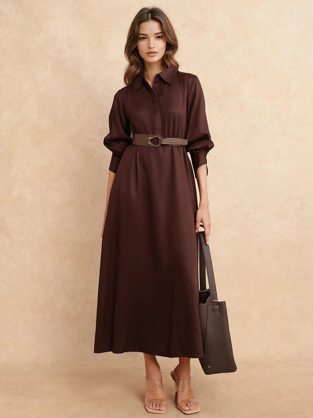 Buy RAREISM Women Solid Ronae Primary Brown Shirt Midi Dress - Dresses ...
