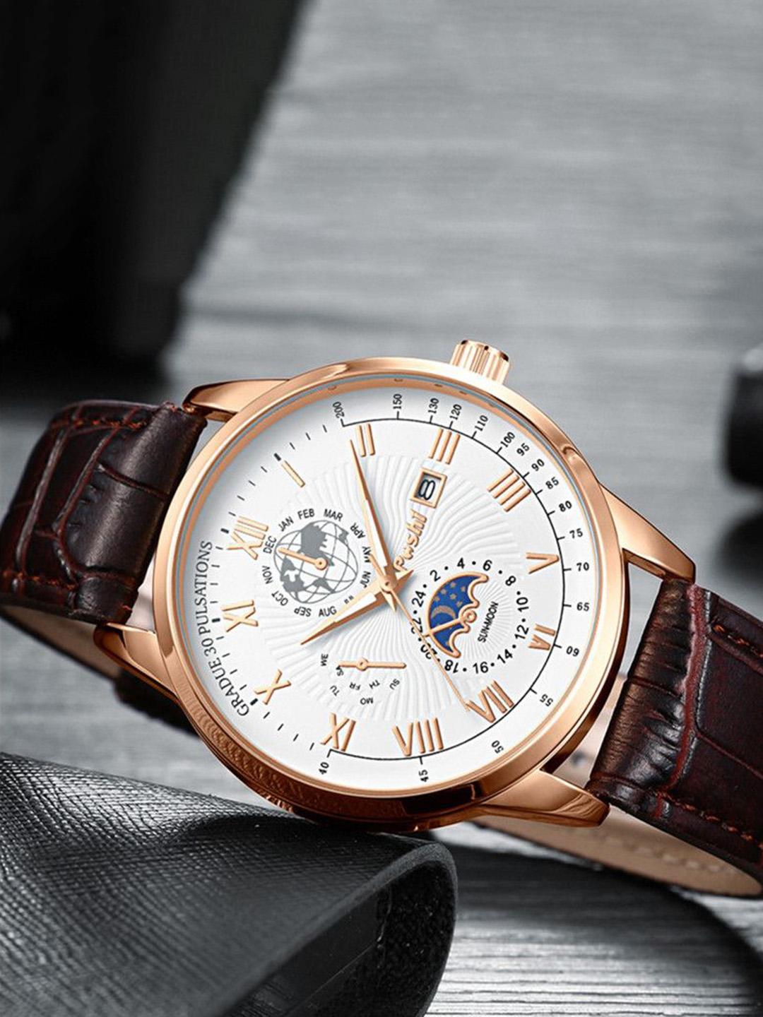 Buy Poshi Men Round Dial Genuine Leather Strap Watch With Adjustable ...