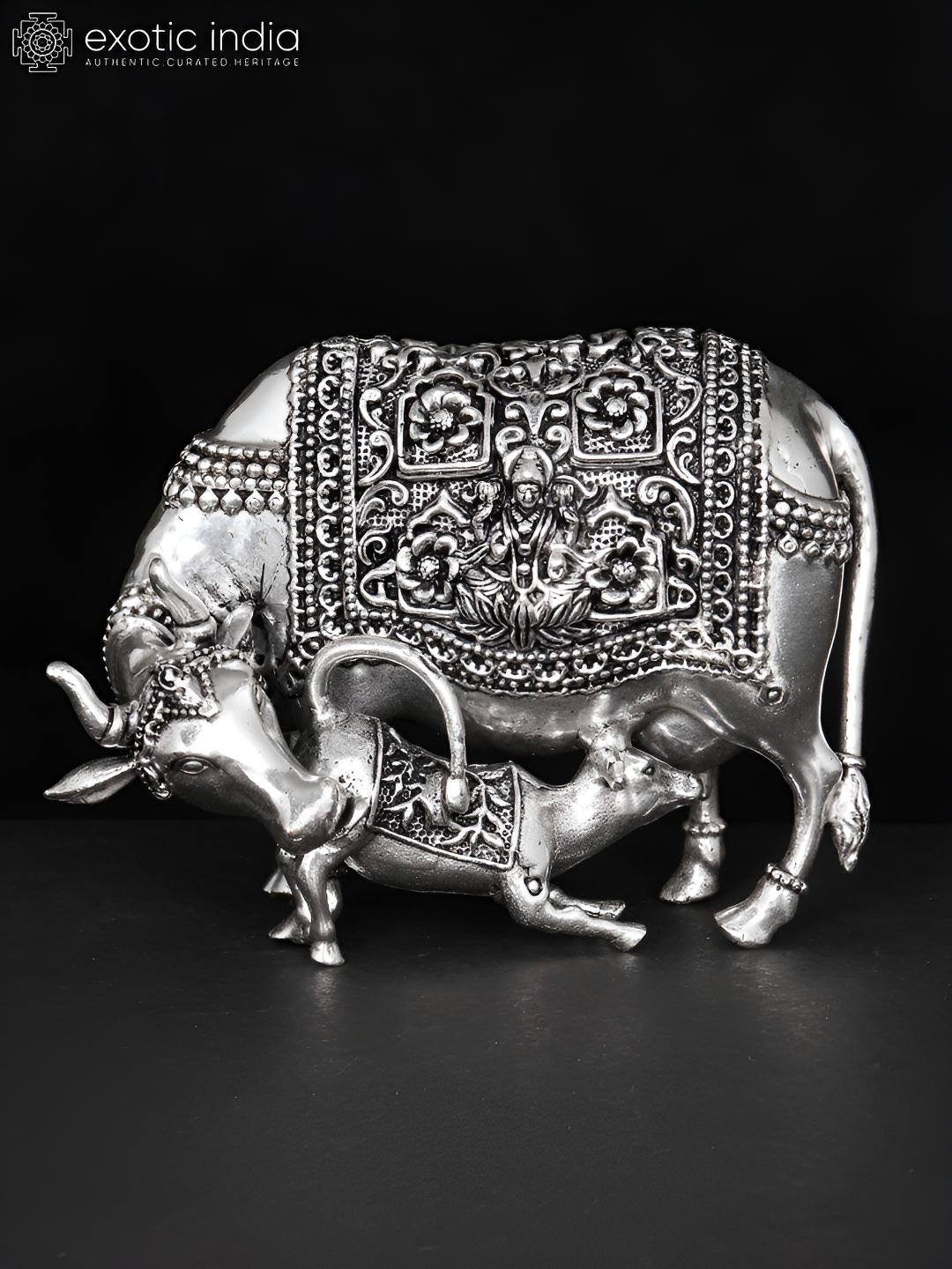 Buy Exotic India Cow And Calf With Lakshmi And Ganesha Carving Silver ...