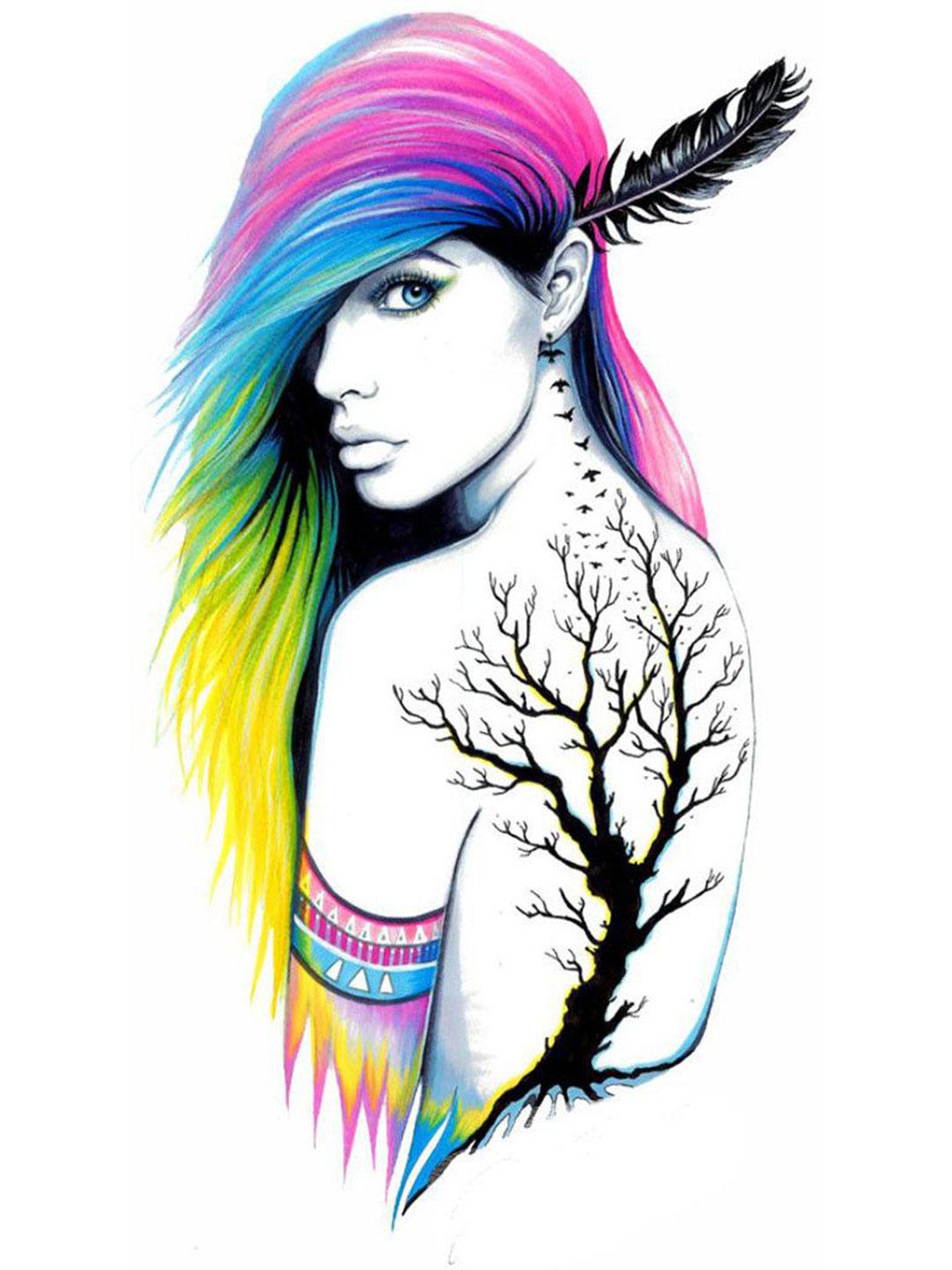 Buy VOORKOMS Beautiful Girl Feather Waterproof Temporary Tattoo Sticker ...