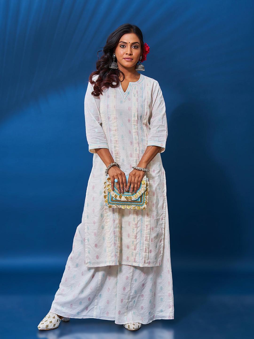 Buy Tanoti Ethnic Motifs Embroidered Notch Neck Thread Work Pure Cotton ...
