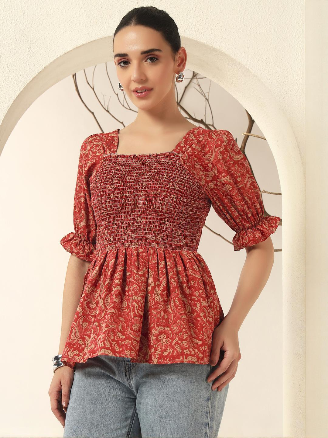 Buy LookShine Women Red Smocked Yoke Floral Printed Square Neck Puff ...