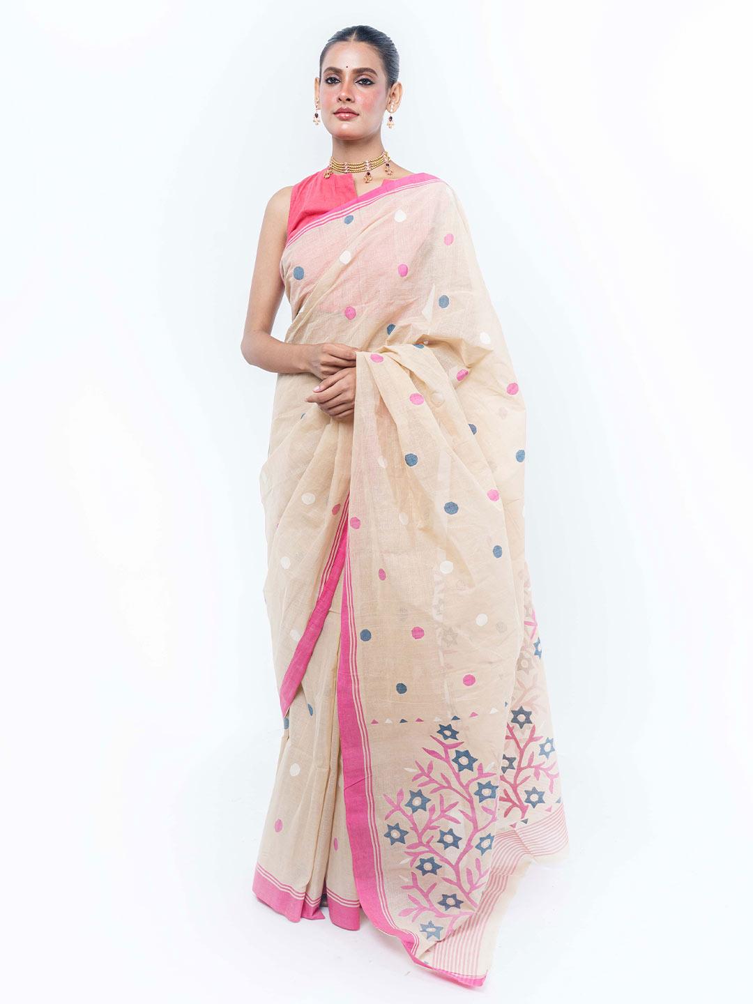 Buy SREYA SAMANTA Polka Dots Woven Design Pure Cotton Jamdani Saree ...