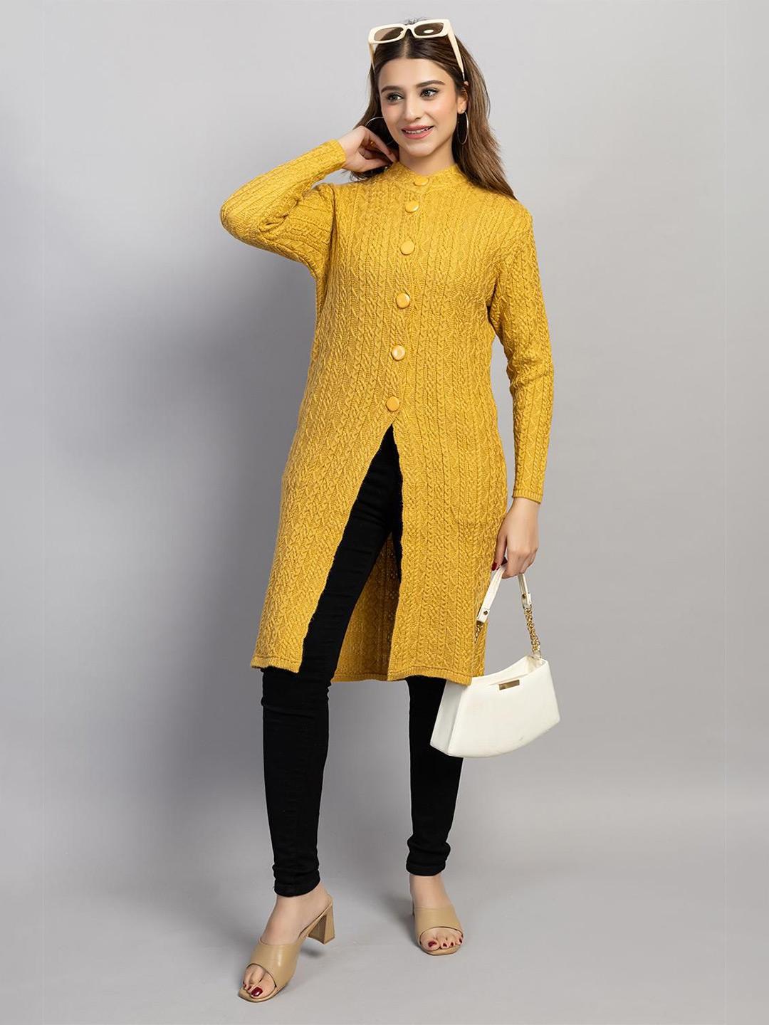 Buy Dart Line Women Self Design Open Knit Round Neck Longline Cardigan ...