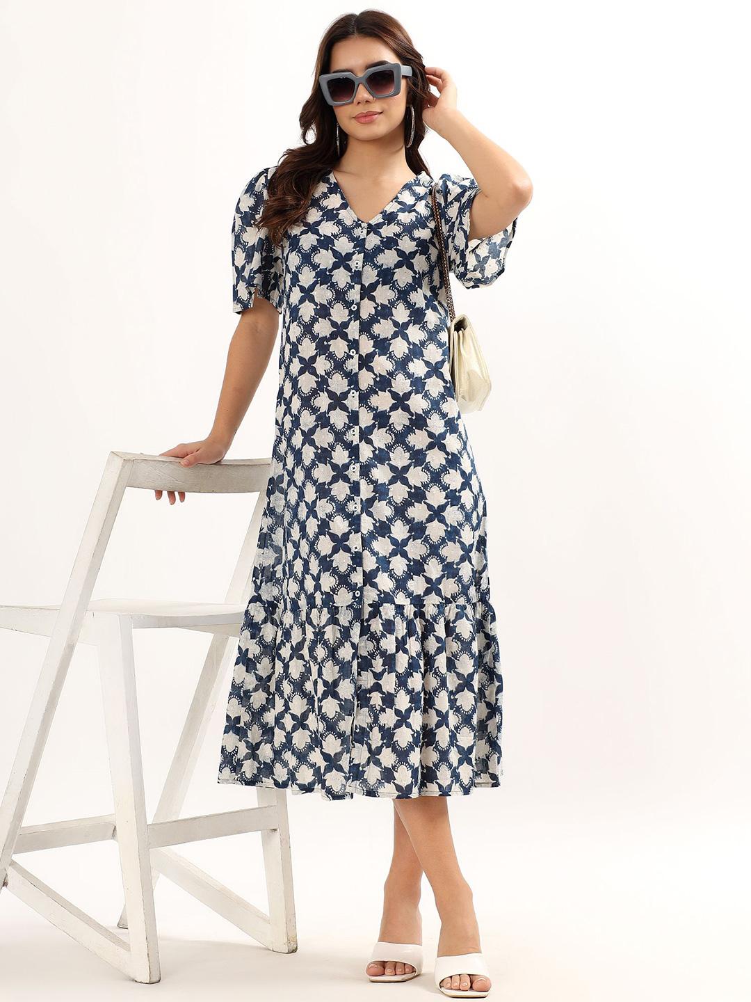 Buy Avor Lifestyle Floral Print V Neck Flared Sleeves Cotton A Line ...