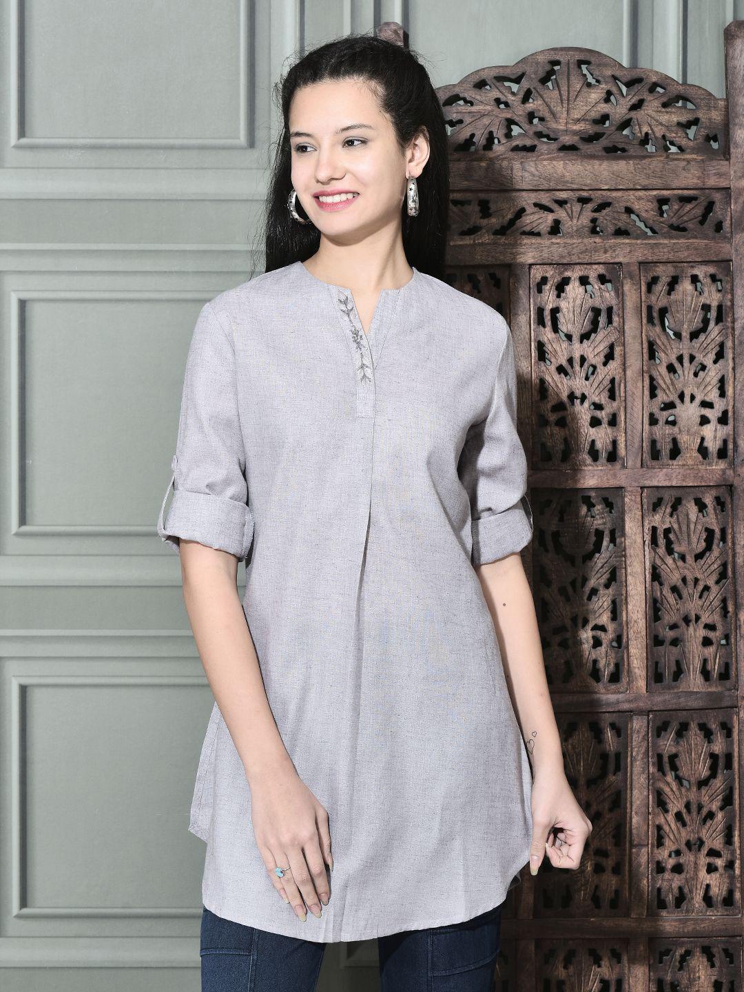 Buy FUTURO Mandairan Collar Roll Up Sleeves Styled Back Longline Top ...