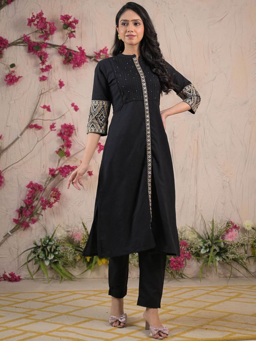 Buy Xelov Women Ethnic Motifs Embroidered Cotton Kurta With Trousers ...
