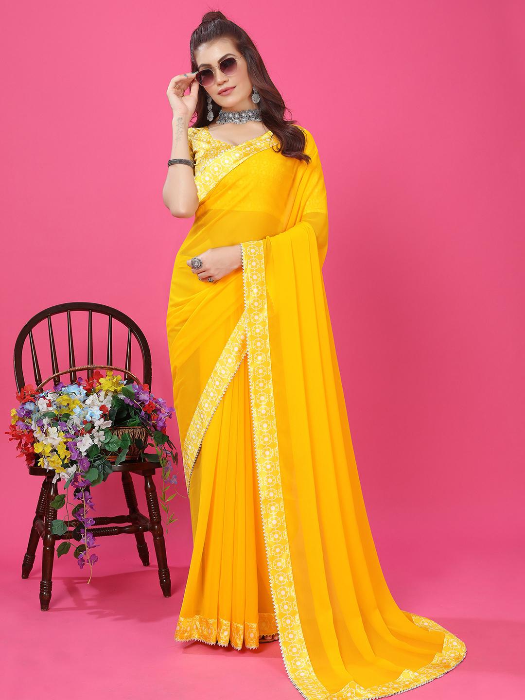 Buy DISHA FASHION Solid Saree With DIgital Lace Border - Sarees for ...