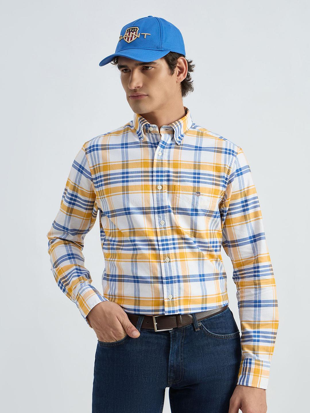 Buy GANT Checked Button Down Collar Classic Regular Fit Pure Cotton ...