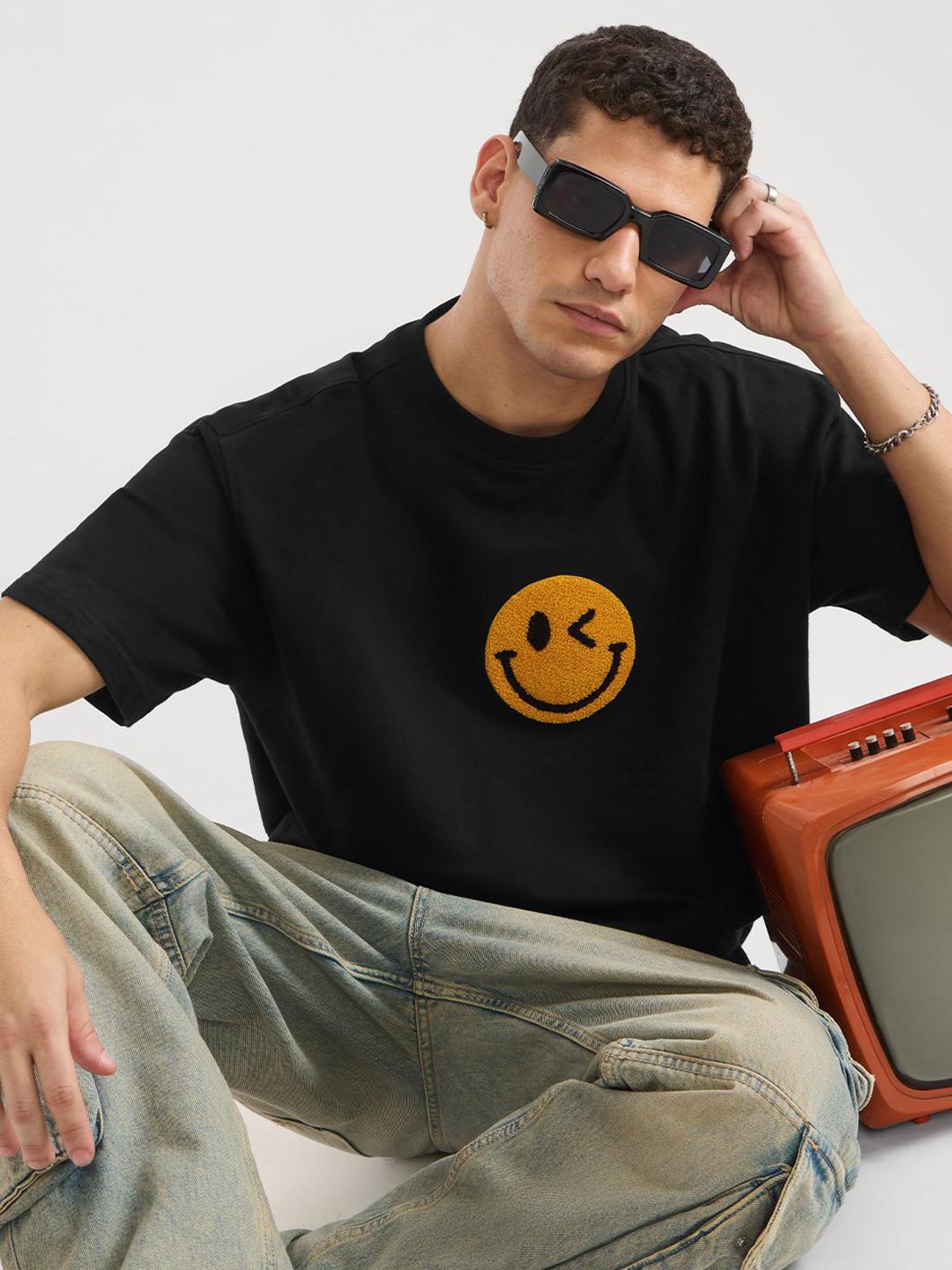 Buy The Souled Store Smiley Graphic Embroidered Pure Cotton Oversized ...