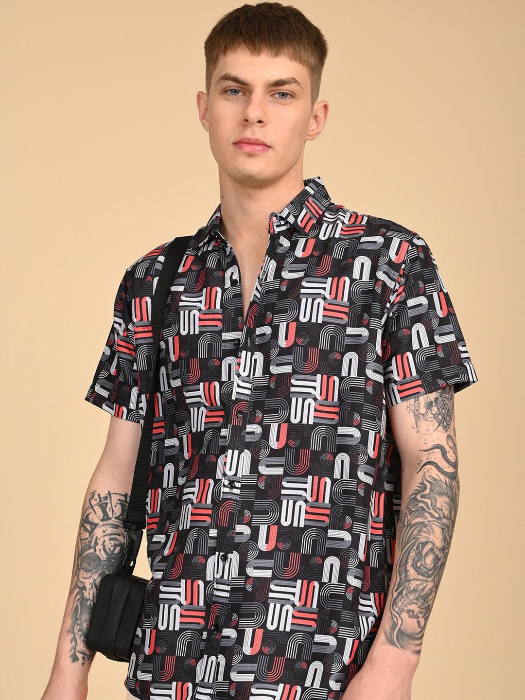 Buy TIGER SNAKE Comfort Spread Collar Geometric Printed Opaque Shirt ...