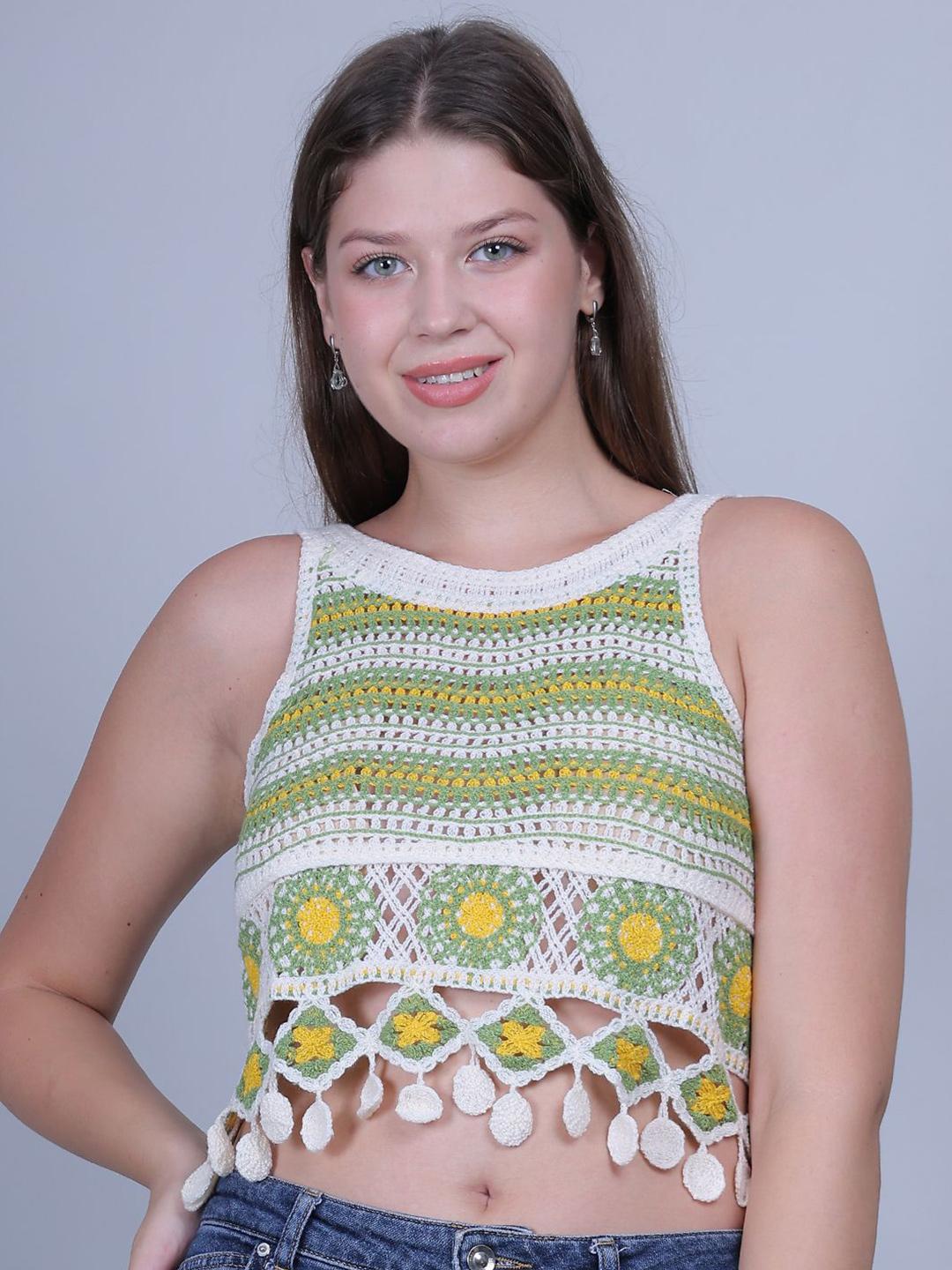 Buy Fabme Women Self Design Crochet Crop Top - Tops for Women 36428415 ...