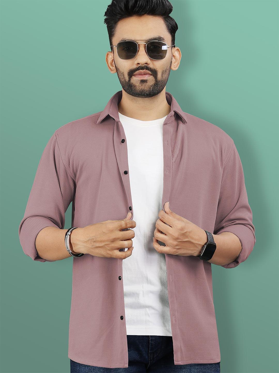 Buy VeBNoR Men Standard Fit Textured Spread Collar Casual Shirt ...