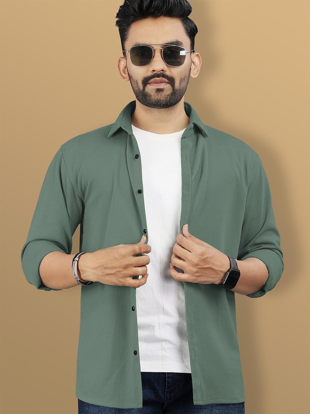 Buy VeBNoR Men Standard Fit Textured Spread Collar Casual Shirt ...