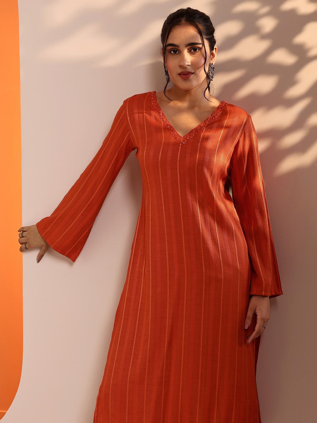 Buy Libas Women V Neck Striped Straight Kurta - Kurtas for Women ...
