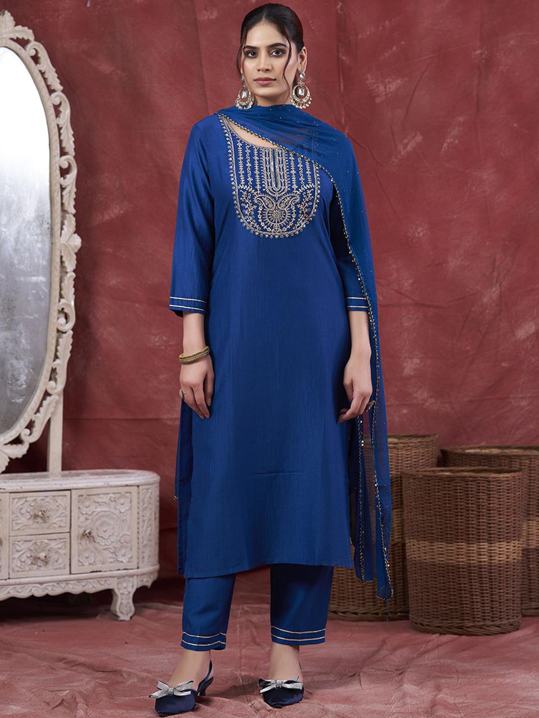 Buy MOKOSH Floral Yoke Design Sequnnied Silk Straight Kurta With ...
