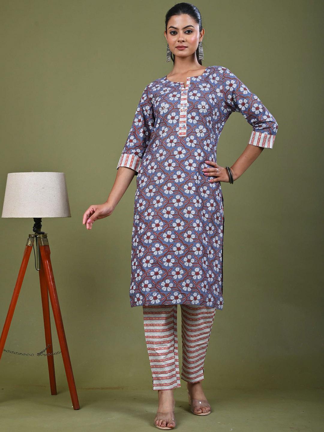 Buy Karaveera Floral Printed Pure Cotton Straight Kurta With Trousers ...