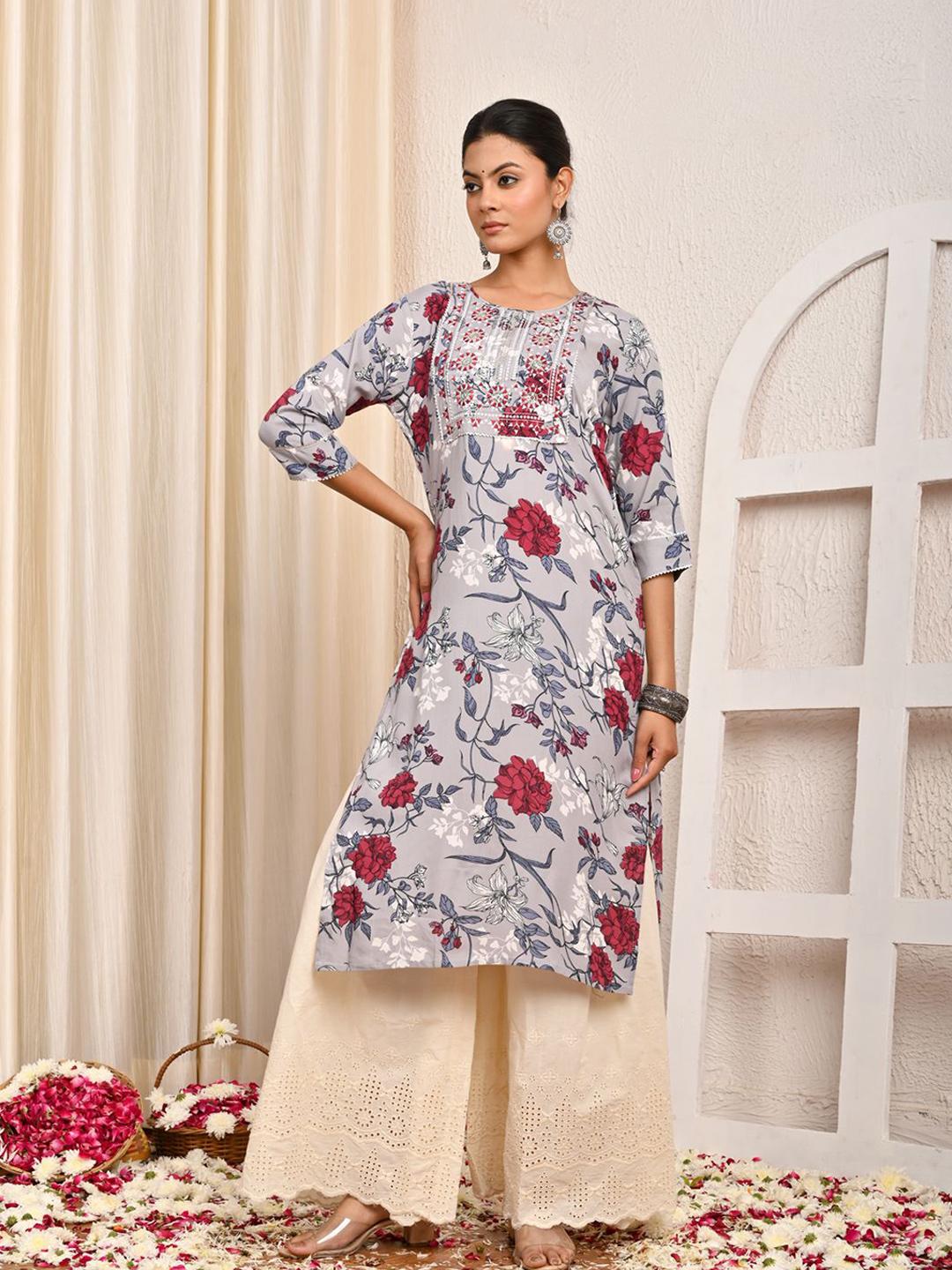 Buy Karaveera Women Floral Printed Screen Print Daily Straight Kurta ...