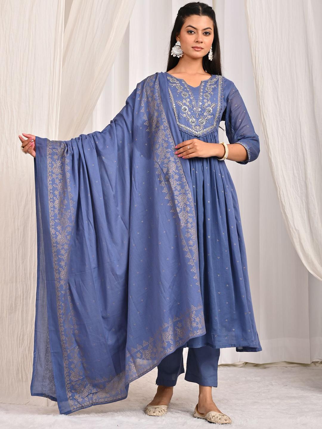Buy Karaveera Women Floral Embroidered Anarakli Pure Cotton Kurta With ...