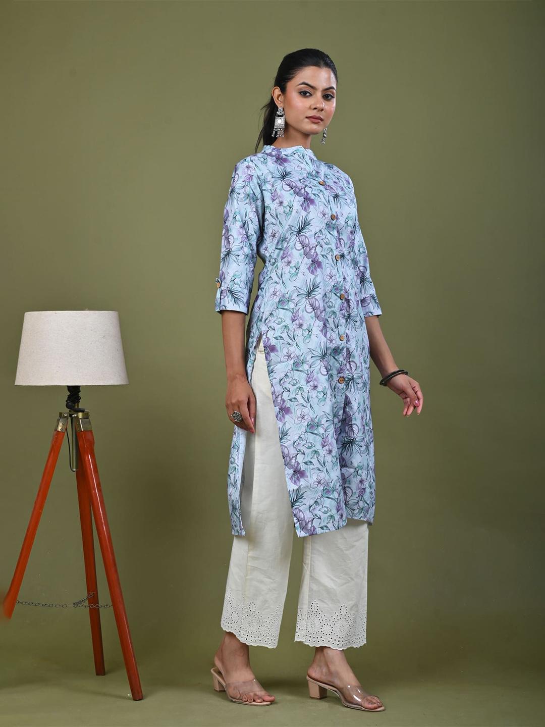 Buy Karaveera Floral Printed Mandarin Collar Straight Kurta - Kurtas ...