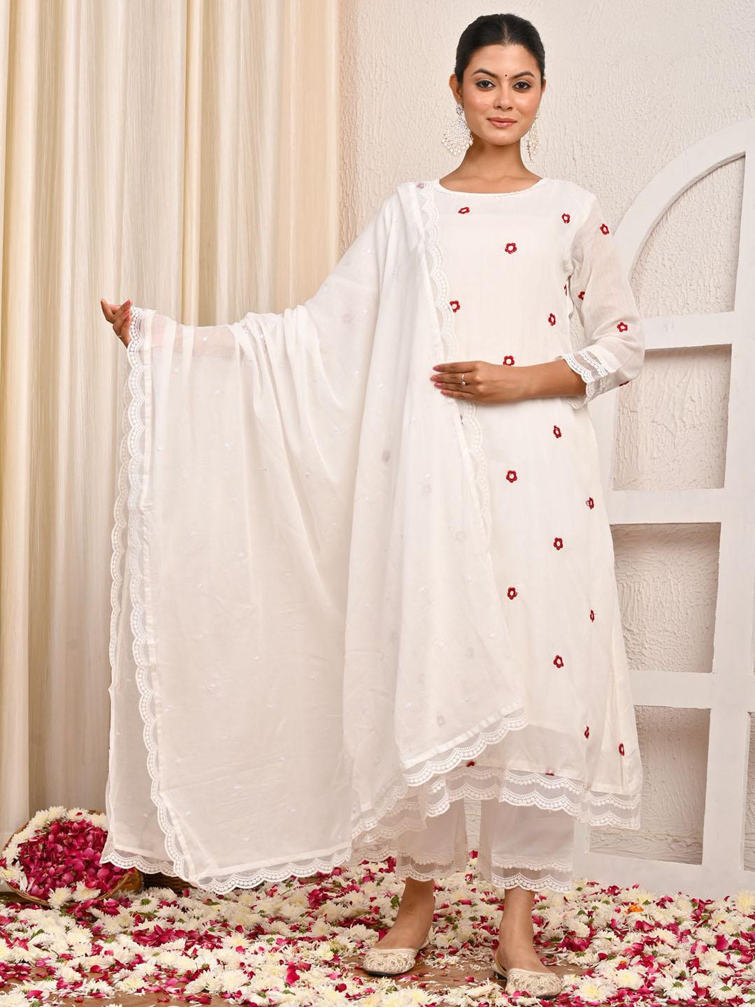Buy Karaveera Floral Embroidered Thread Work Cotton Straight Kurta With ...