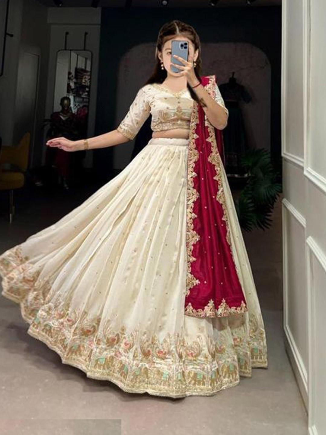 Buy Piludi Girls Embroidered Semi Stitched Lehenga & Unstitched Choli ...