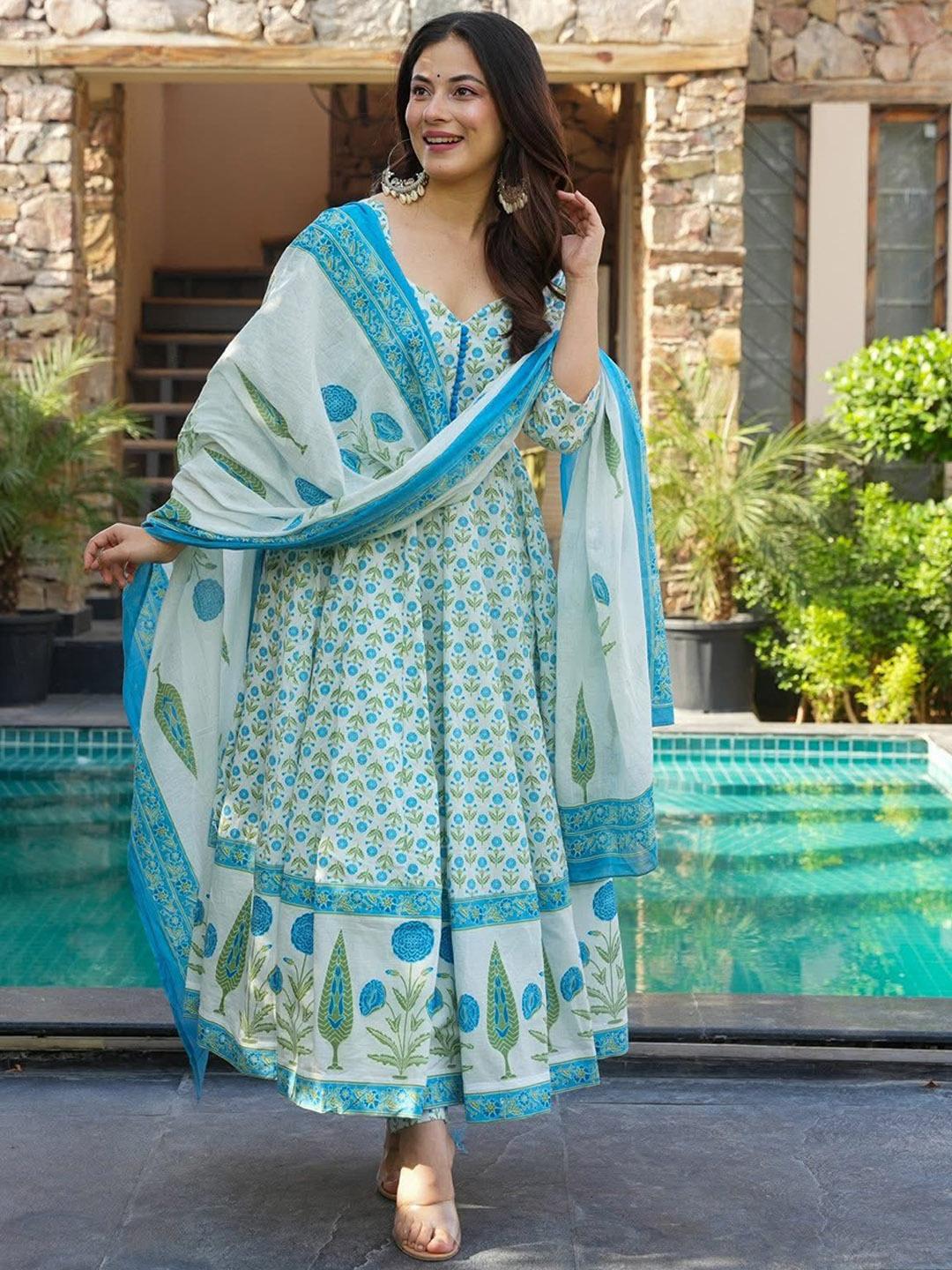 Buy Idaho Clothing Women Floral Printed Pure Cotton Kurta With Trousers ...