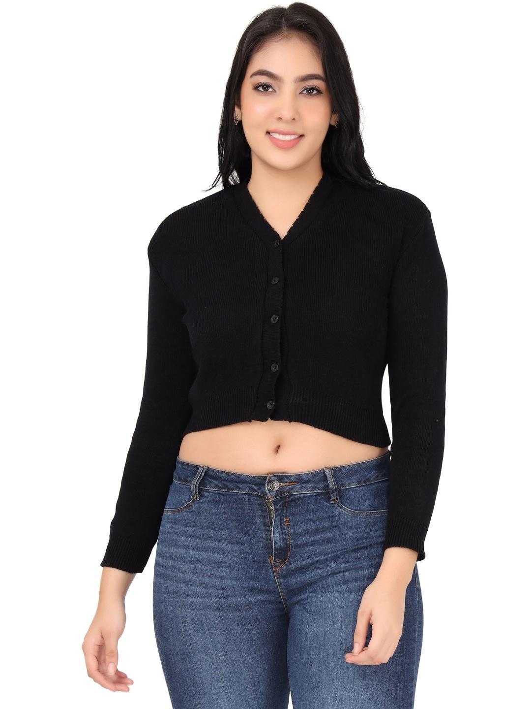Buy FEMULA Women Black V Neck Long Sleeves Ribbed Woolen Crop Top ...