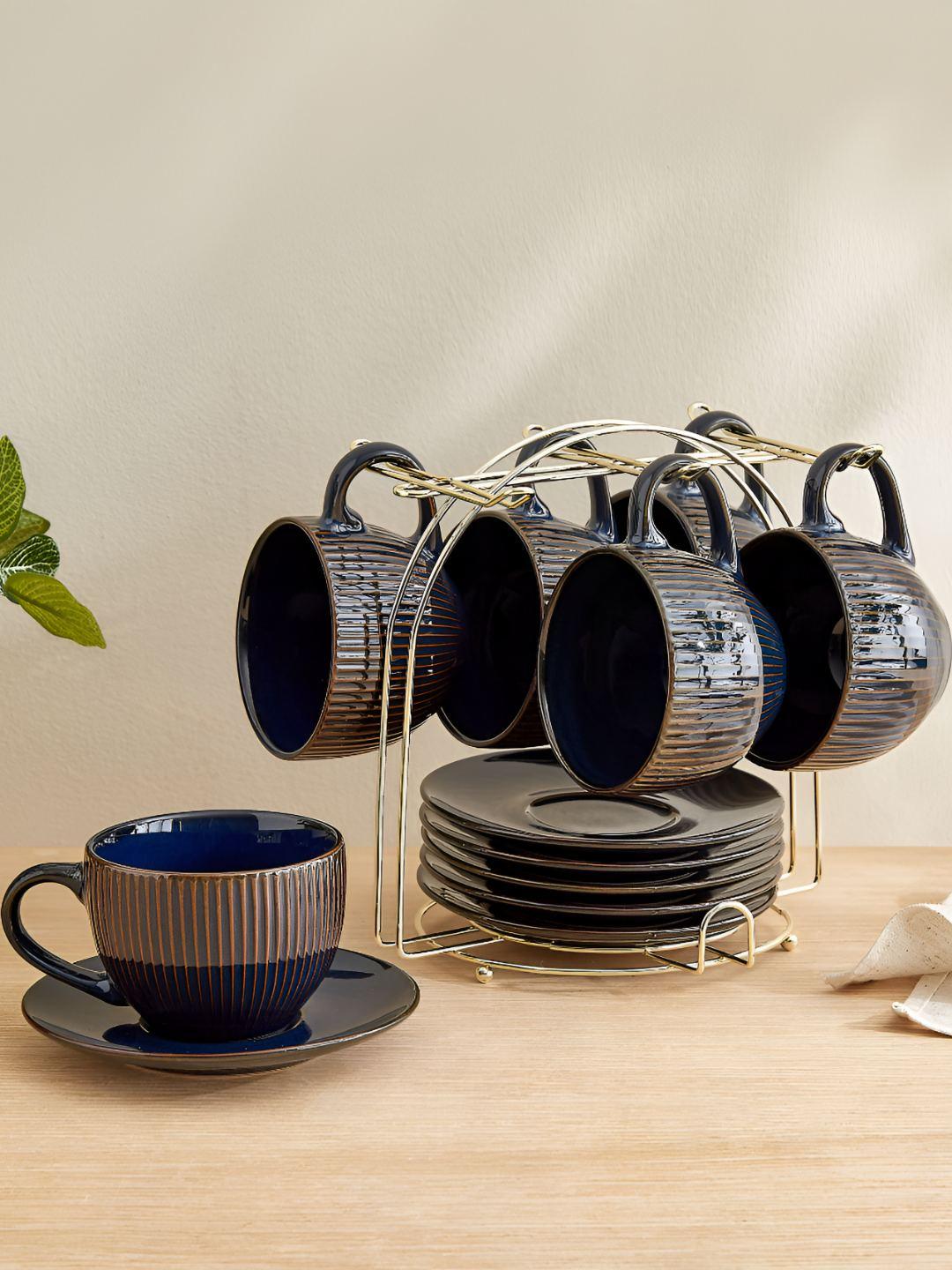 Buy Home Centre Blue 13 Pieces Textured Tea Set With Metal Stand - Tea ...